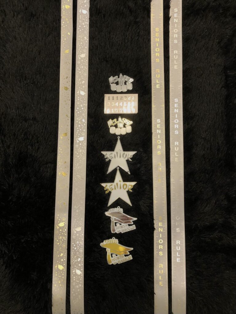 White/Silver “Seniors Rule” Ribbon 1 Yard - Homecoming Supplies