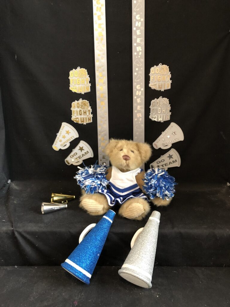 White/Gold “Go Fight Win” Cheer Emblems 2 Pack - Homecoming Supplies